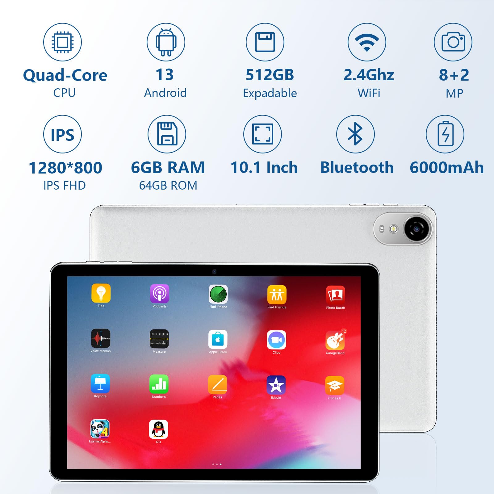 ECOPAD 10.1 inch Android 13 Tablet PC, 6GB RAM 64GB ROM 512GB Expand,Quad-Core Tablets,IPS HD Touch Screen and Dual Speakers, Wi-Fi Tablets,Dual Camera,6000mAh (Silver)