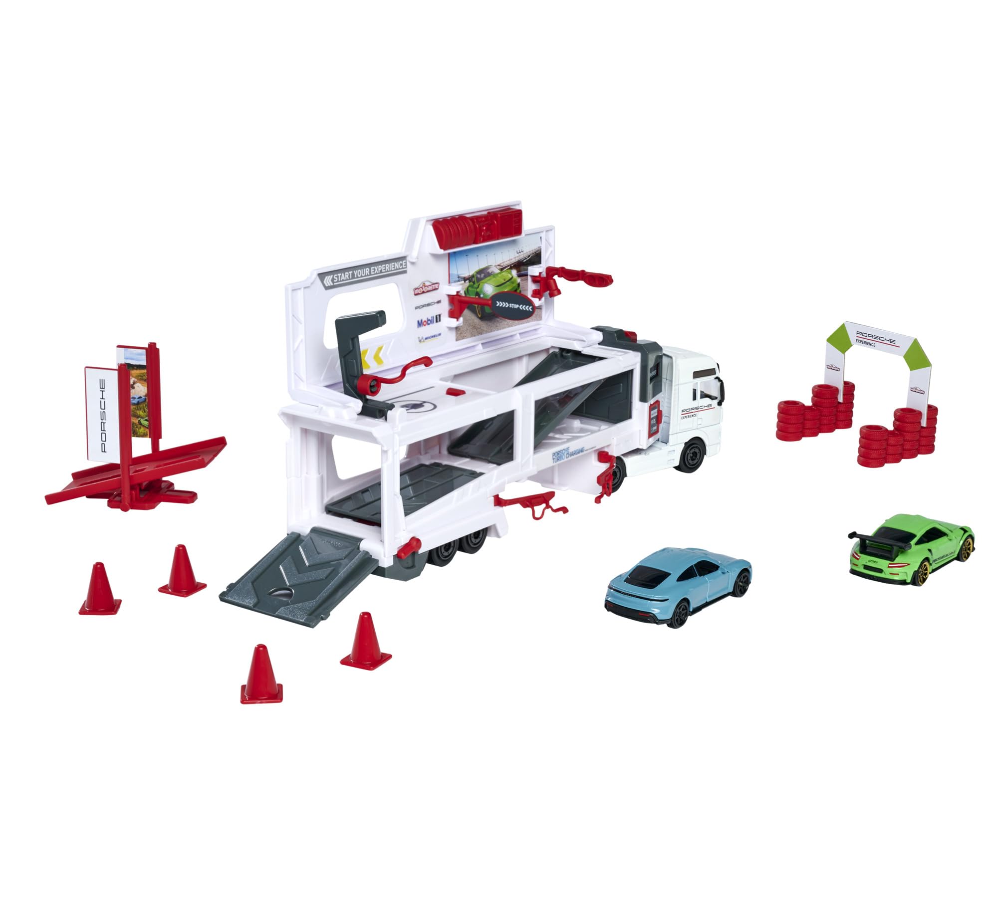 Majorette- Camión Porsche Experience 27cm, Incluye 2 Coches de Metal de 7,5cm, Partes Desplegables y Numerosos Accesorios, Adecuado A Partir de 3 Años, Color (212053304)