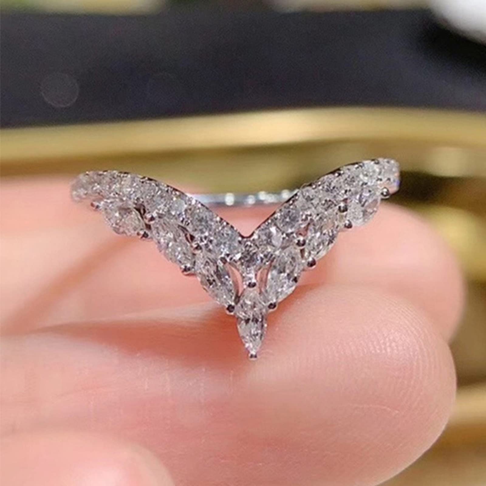 Fashion V-Shaped Crown Ring Princess Engagement Promise Ring Sparkling Wishbone Cubic Zirconia Ring in Sterling Silver Cubic Zirconia Eternity Band Wishbone CZ Stacking Engagement Ring for Women (9)