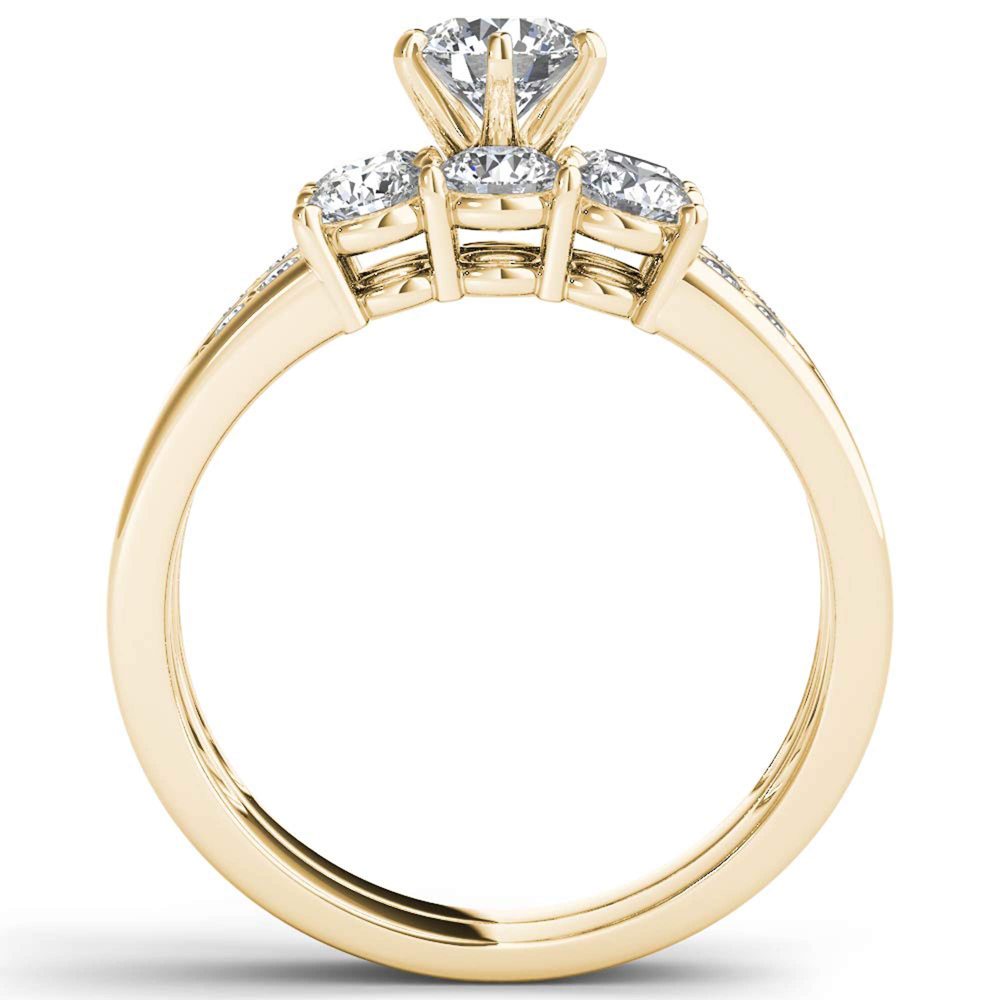 DZON IGI Certified 14k Yellow Gold 1 3/8 Carat TDW Diamond Three Stone Bridal Ring Set (I-J,I2)