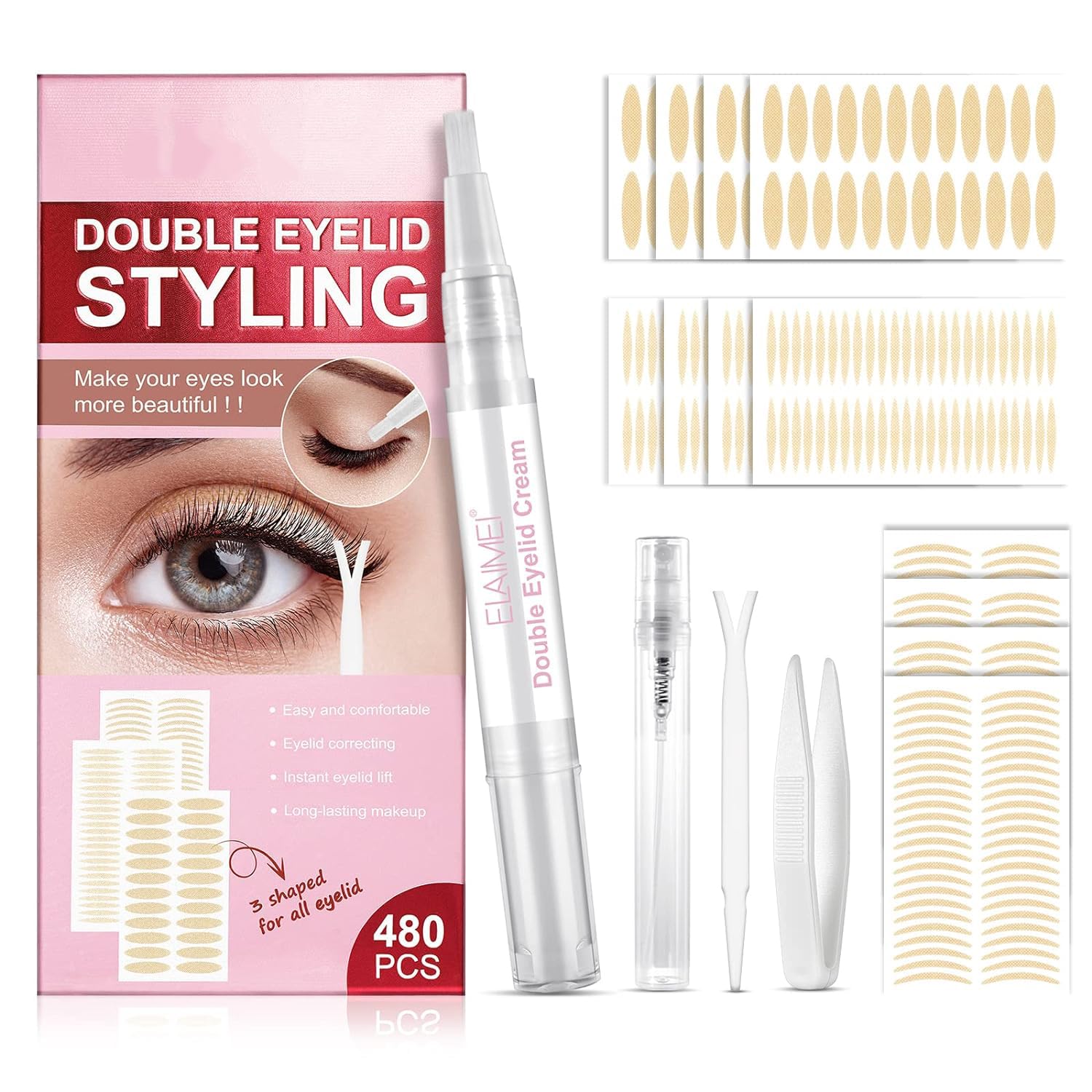 Eyelid Lifter Strips 480Pcs, Eyelid Tape, Design Double Eyelid Lifter Strips, Waterproof Invisible Eyelid Sticks with Styling Cream, Droopy Eyelid, Big Eye Tools, Fork Rods & Tweezers