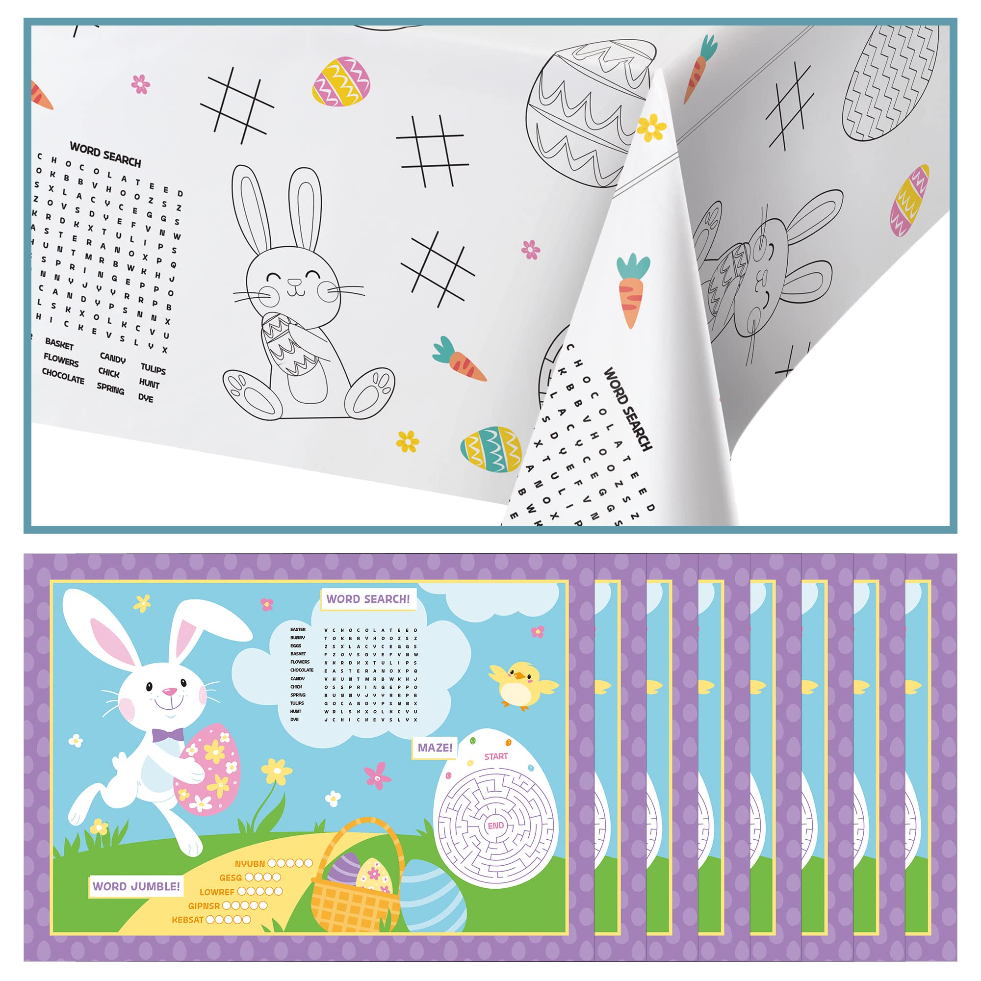 Creative Converting 1 Count Spring Easter Activity Tablecloths 54" x 88" and 8 Coloring Activity Sheets - Games for Kids Party or Luncheon - Word Search, Tic Tac Toe, Eggs, Bunny