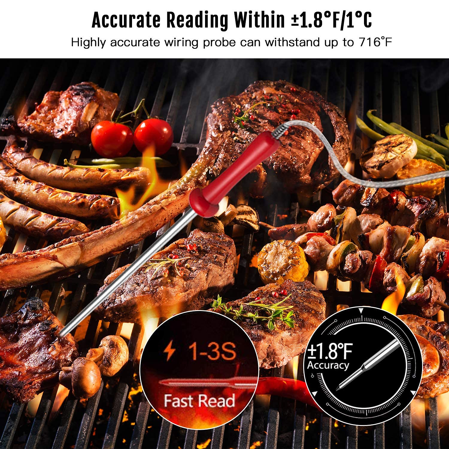 ENZOO Wireless Meat Thermometer with 4 Probes for Grilling, Instant Read Food Thermometer, Digital Meat Thermometer, Cooking Thermometer for Smoker, BBQ Accessories