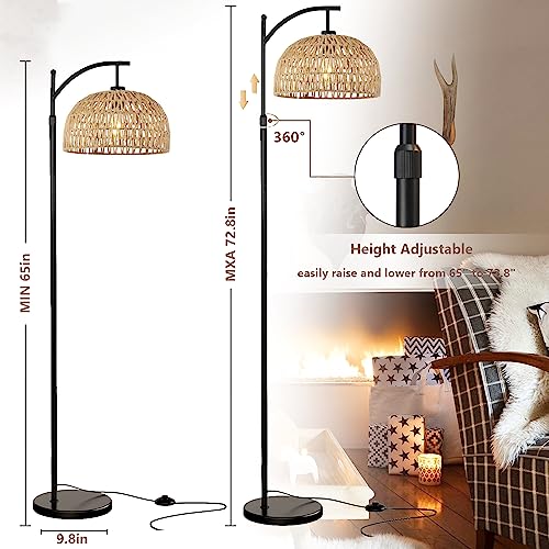 QIYIZM Floor Lamp for Living Room Bedroom Farmhouse Rattan Standing Lamp with Control,Wicker Black Industrial Dimmable Floor Light Rustic Adjustable Tall Lamp,Boho Bamboo Lamp Shade Floor Lamps