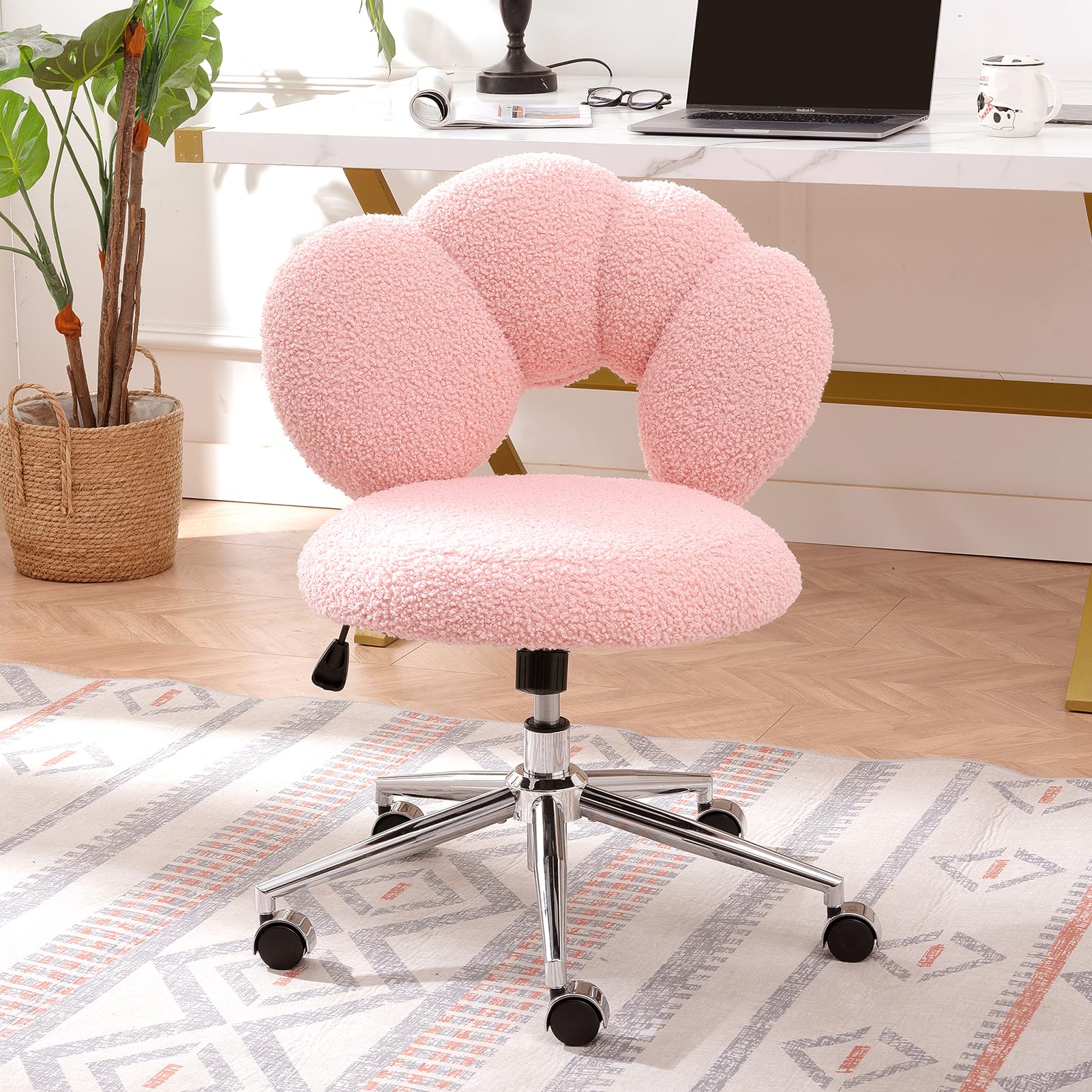 Home Office Chair Criss Cross Chair with Wheels, Upholstered Chairs with 360 Swivel, Height Adjustable Swivel Computer Task Chairs for Living Room, Bedroom, Vanity, Study(Pink)