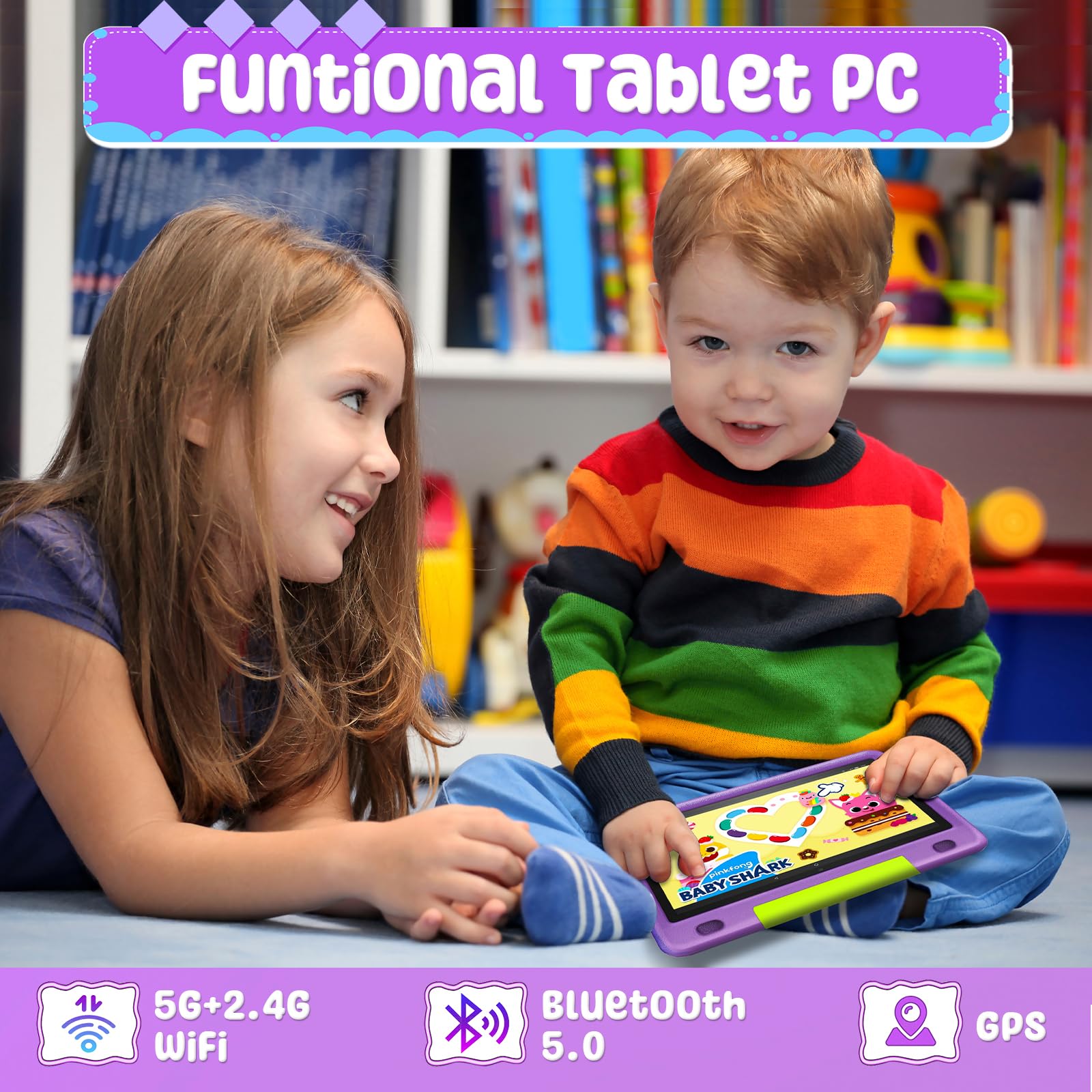 DUODUOGO 8 inch Kids Tablet Android 12 Tablet 8GB+128GB, Tablet for Kids with Parent Control & APP Preinstalled, Dual Camera, 5G/2.4G WiFi, Bluetooth, GPS, FM, Shock-Proof Case, Carry Bag (Purple)