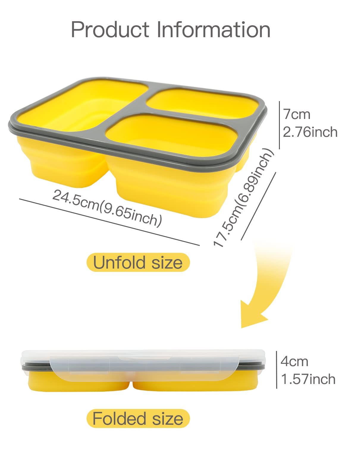 fancyfree Collapsible Silicone Benton Container, Leakproof Lunch Box with 3 Compartments, BPA Free Safe Food Storage Organizer (Yellow)