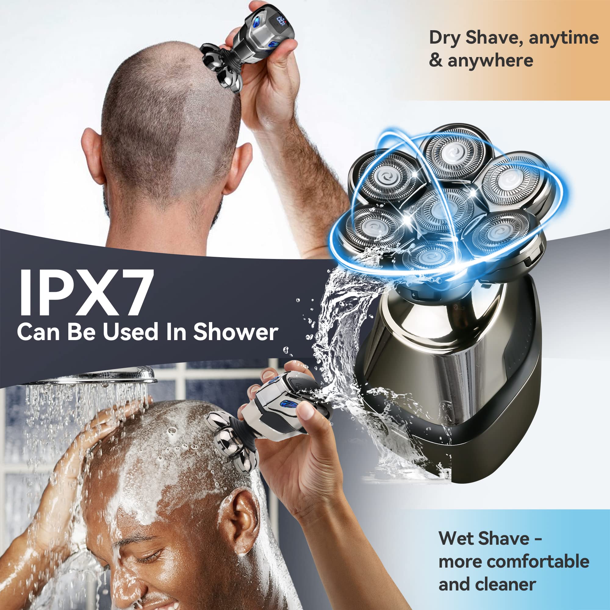 WeChip Head Shaver 7D 5-in-1 Head Shavers for Bald Men with Nose Hair Sideburns Trimmer, Floating Head Razors for Bald Men Waterproof Wet & Dry, LED Display, Cordless, Rechargeable