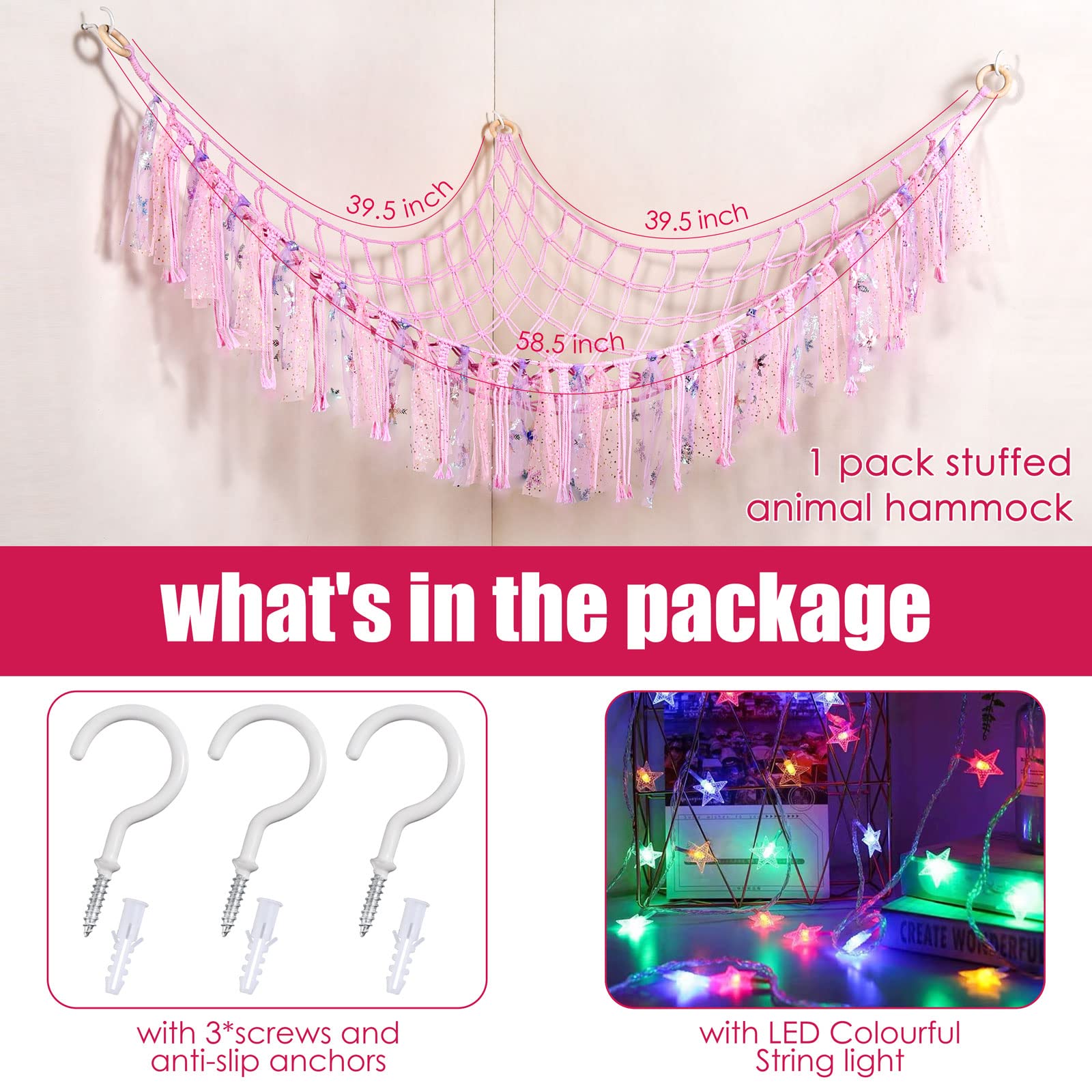EYEXPLO Stuffed Animal Storage Net or Hammock Toy Organizer Holder with LED Light, Hanging Pet Net with DIY Lace Macrame for Girls Bedroom Corner Boho Decor
