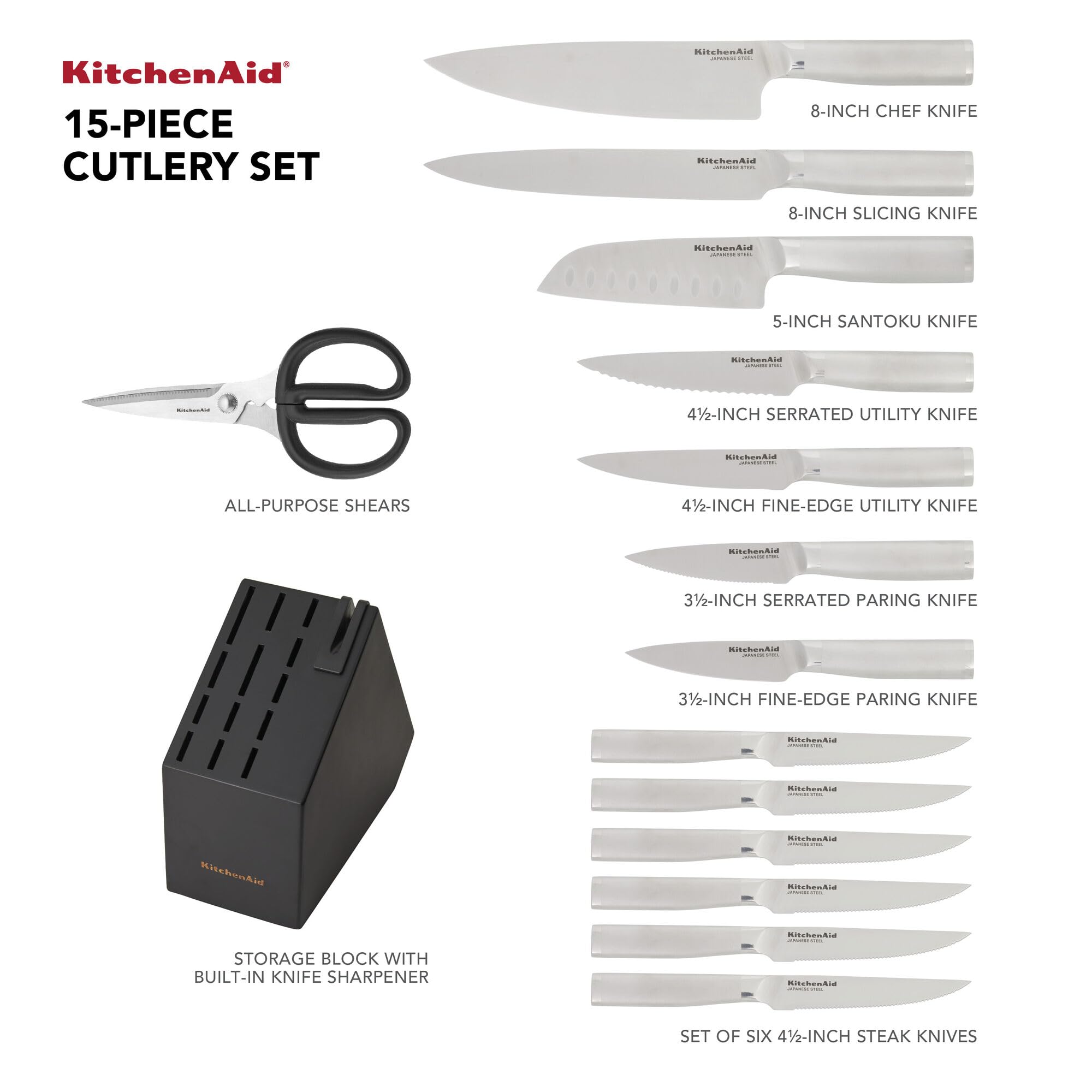 KitchenAid Gourmet Knife Block Set with Built-in Sharpener, Textured Stainless Steel Handles, 15-Piece