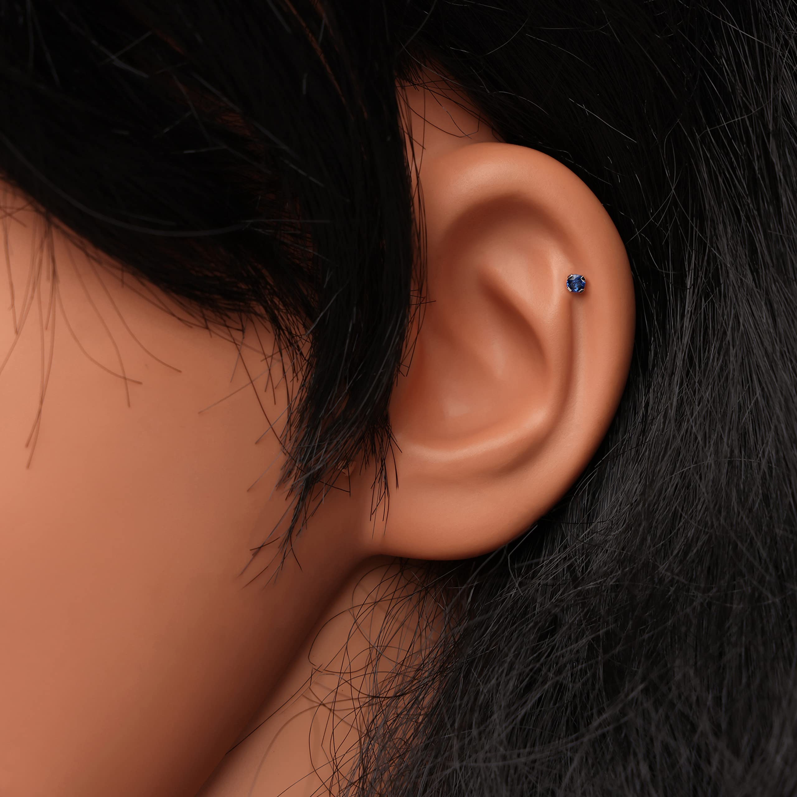 Demira Jewels 2.20mm Solitaire Real Blue Sapphire Solid 14K White Gold Nose Pin, Lip Labret, Monroe Ring Stud Screw - 16 Gauge, 8mm Long Post.
