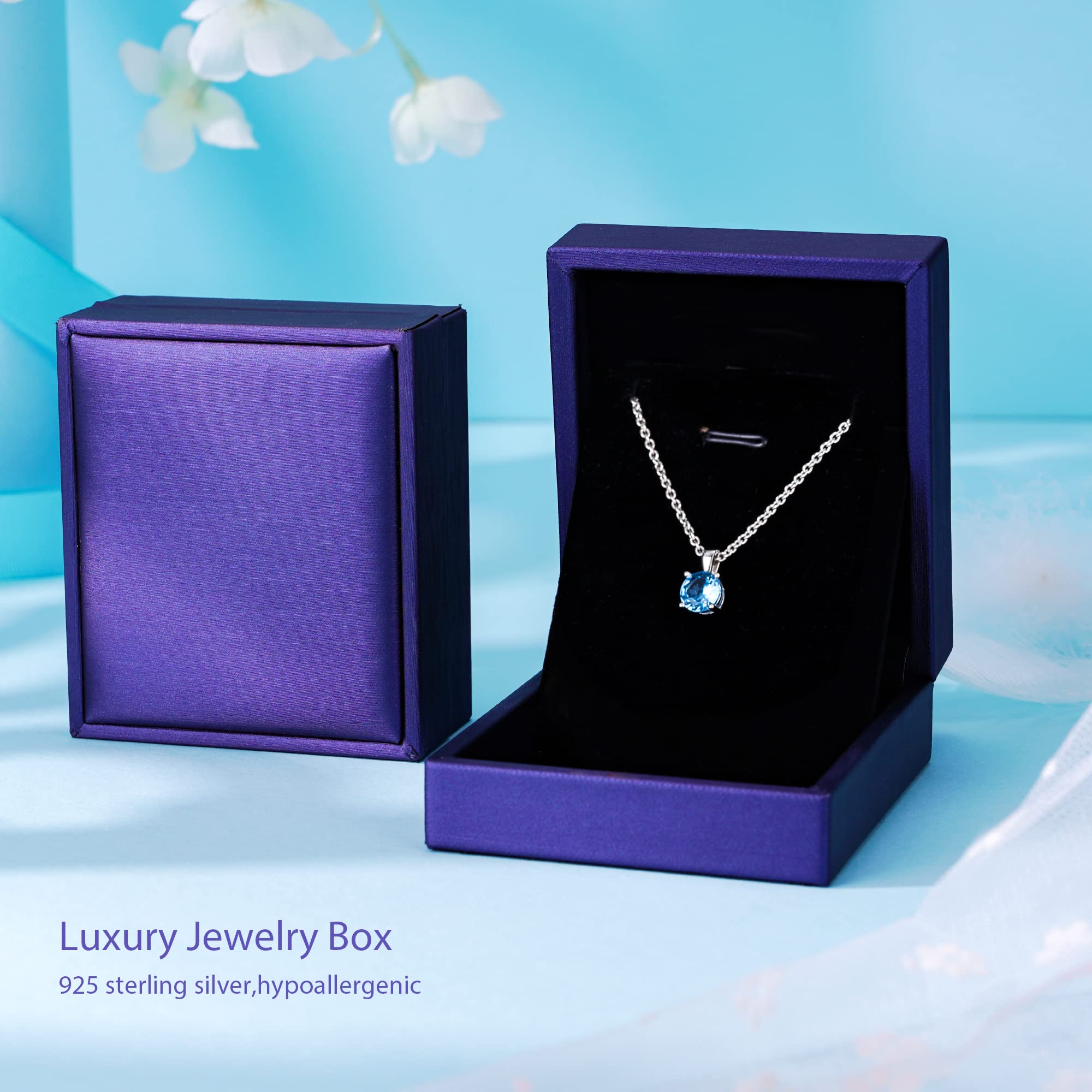 Gloffery 925 Sterling Silver Tiny Dainty Necklace, Aquamarine-Topaz-Blue Round Cut Pendant Necklace, Hypoallergenic Necklace, Sterling Silver, created spinel