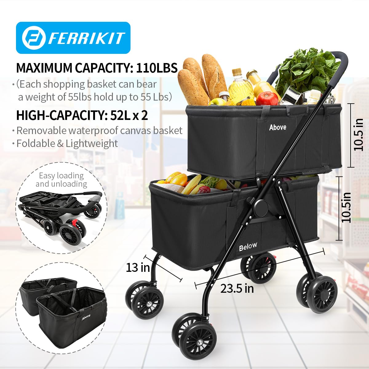Ferrikit 2-Tier Grocery Shopping Cart Foldable Double Canvas Baskets Collapsible Folding Hand Truck Heavy Duty Trolley Sturdy Lightweight Funcitonal Multi Use Moving Shopping Storage Cart 360 Rotation