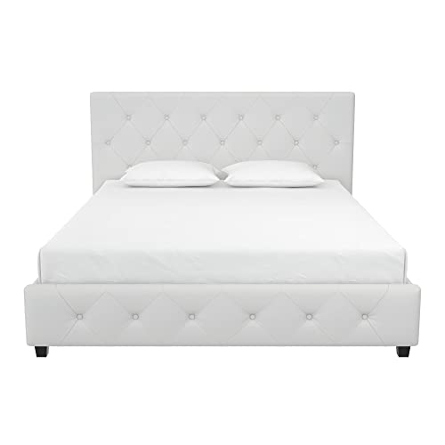 DHP Dakota Upholstered Platform Bed with Diamond Button Tufted Headboard and Footboard, No Box Spring Needed, Queen, White Faux Leather
