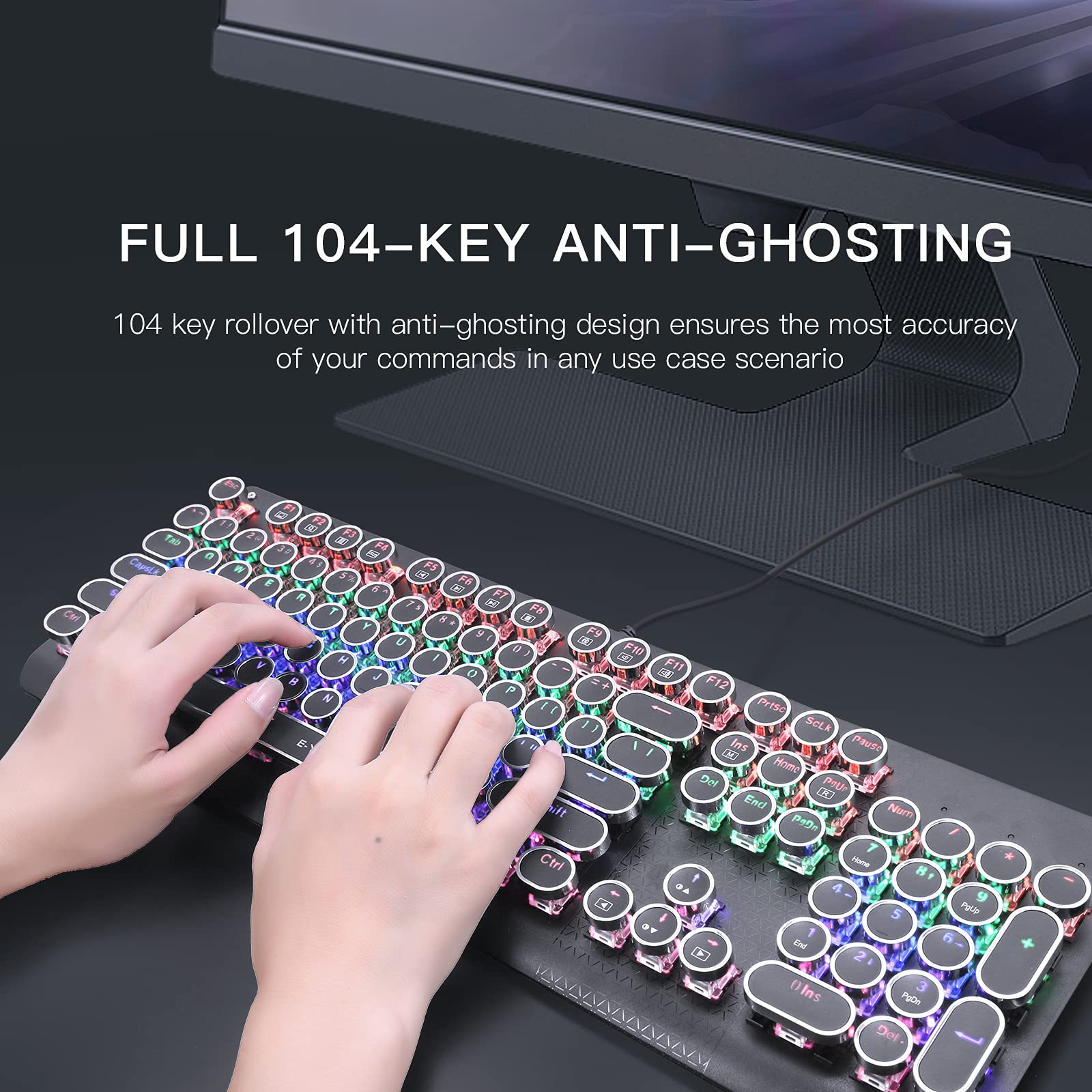 E-YOOSO USB K600 Retro Mechanical Gaming Keyboard 104 Key, Rainbow LED Backlit Typewriter Keyboard for PC Desktop Black(Blue Switch)