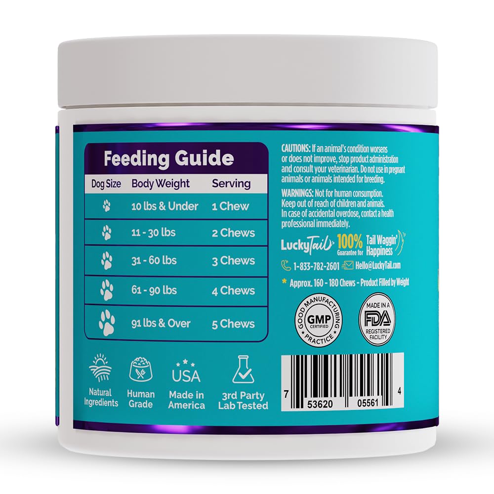 LuckyTail Dog Calming Chews โ Anxiety Treats - Hemp - Melatonin for Dogs - Magnesium - Calming Aid for High Stress Separation Thunderstorms Fireworks