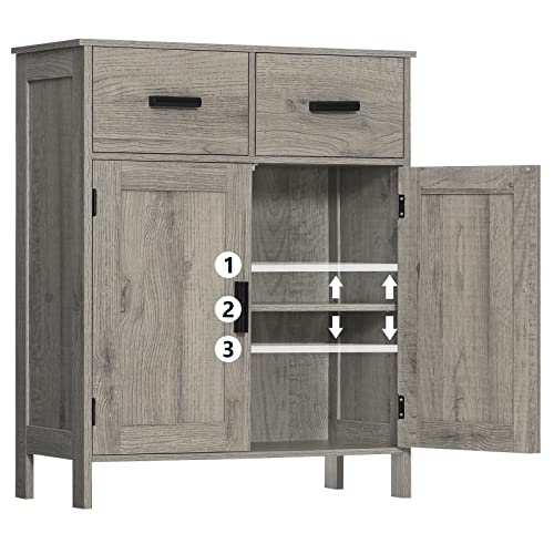 Quimoo Storage Cabinet, Bathroom Floor Cabinet with 2 Drawers & Adjustable Shelves, Bathroom Storage Cabinet with 2 Doors for Living Room, Bedroom, Home Office, Grey