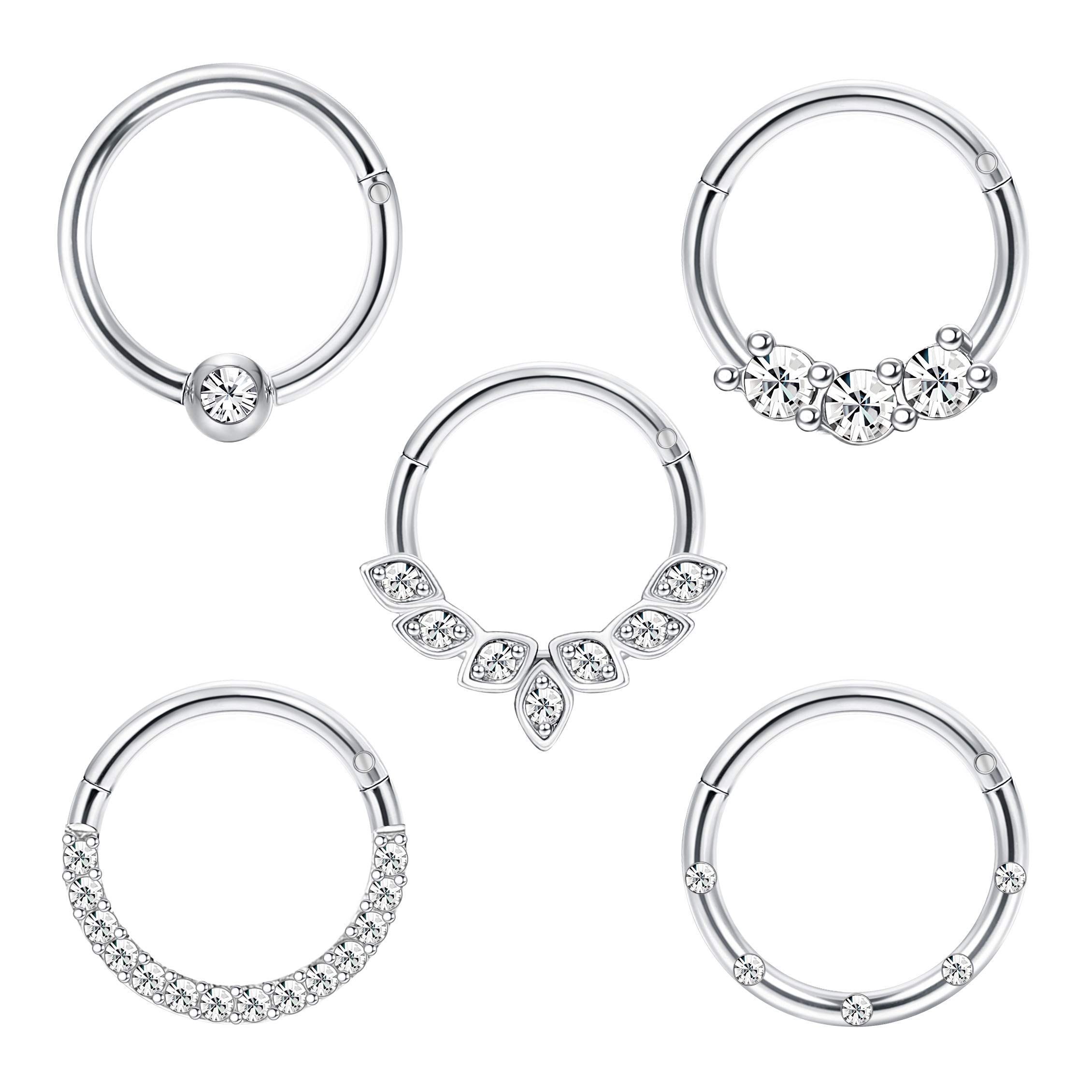 Drperfect Daith Earrings 16G Stainless Steel Cartilage Helix Tragus Nose Hoop Piercing Jewelry 8MM Silver CZ Hinged Septum Clicker Rings