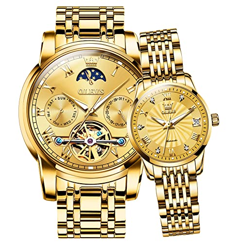 OLEVS Gold Couple Automatic Watches for Men and Women His and Hers Watch Set Gifts Mechanical Self-Winding Tourbillon Big Face Dress Wrist Watch with Day Date Calendar Golden