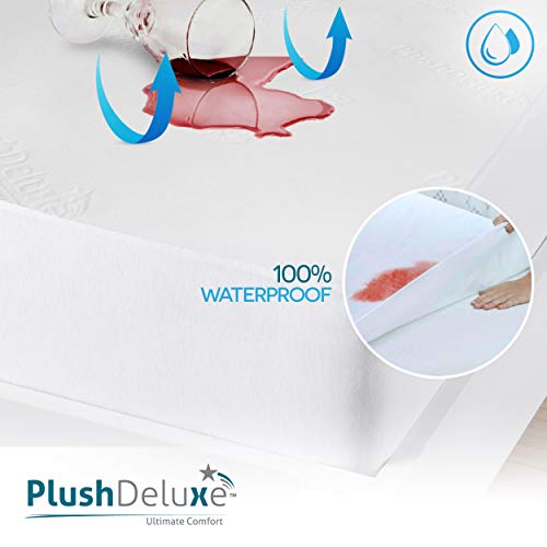 PlushDeluxe Premium Bamboo Mattress Protector β Queen Size, Waterproof, & Ultra Soft Breathable Noiseless Washable Bed Mattress Cover for Comfort & Protection - White