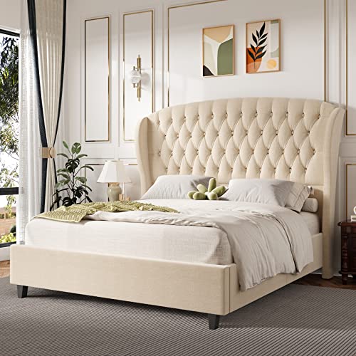Jocisland Upholstered Bed Frame King Size Platform Bed Linen Deep Button Tufted Handmade Headboard Shell Wingback/No Box Spring Needed/Wood Slats(Beige)