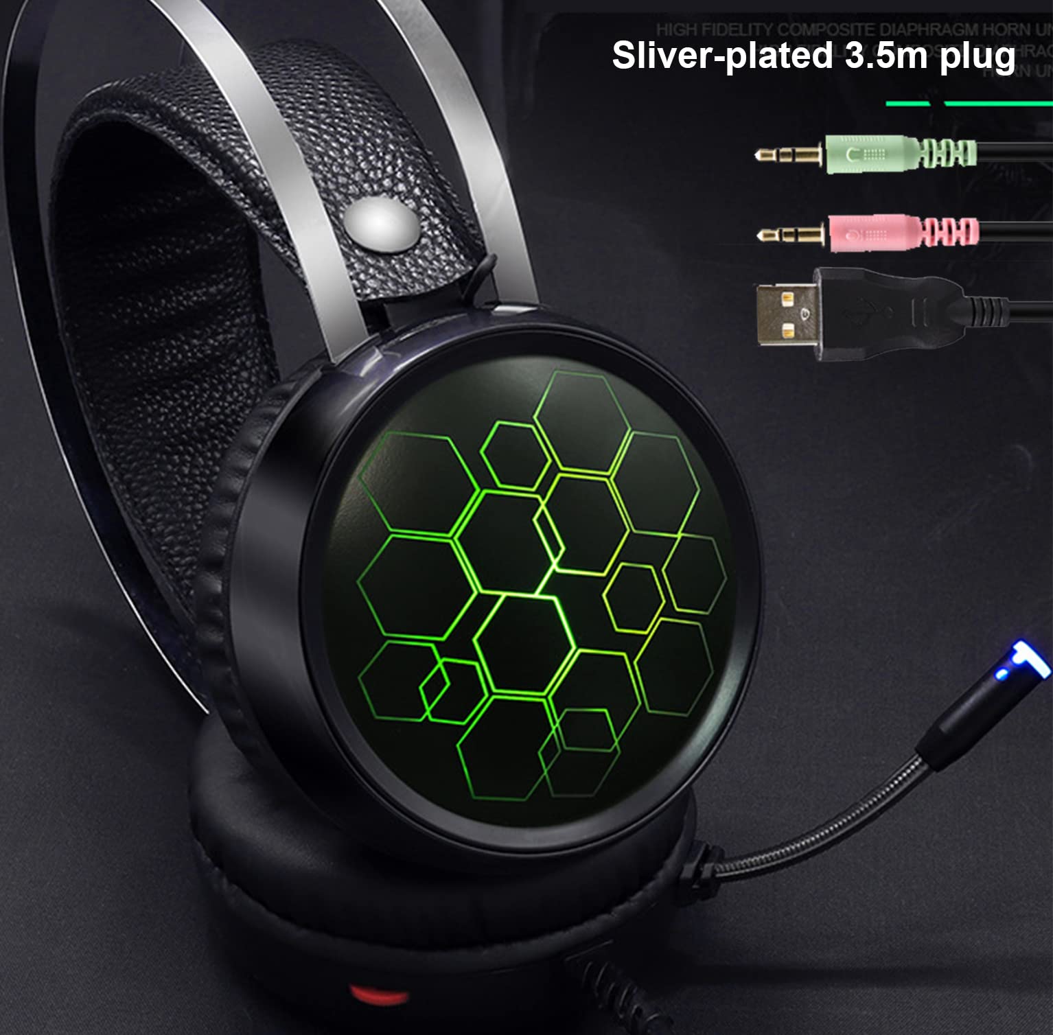Dracaena Headset: USB dual 3.5mm - Over-ear Headphones with Noise cancelling - Deep Bass Stereo Sound - Ear Flexible Microphone Volume Control - LED light
