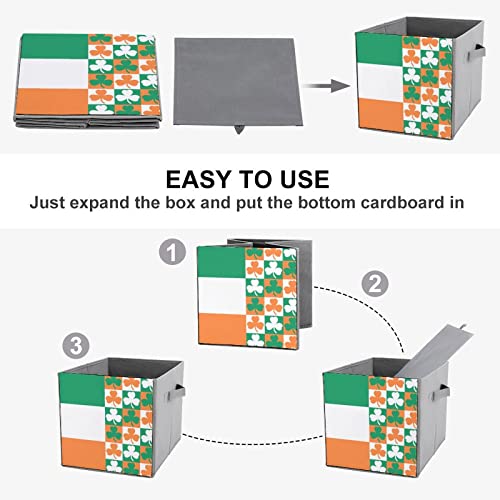 Ireland Flag Shamrock Clover Collapsible Storage Bins Basics Folding Fabric Storage Cubes Organizer Boxes with Handles