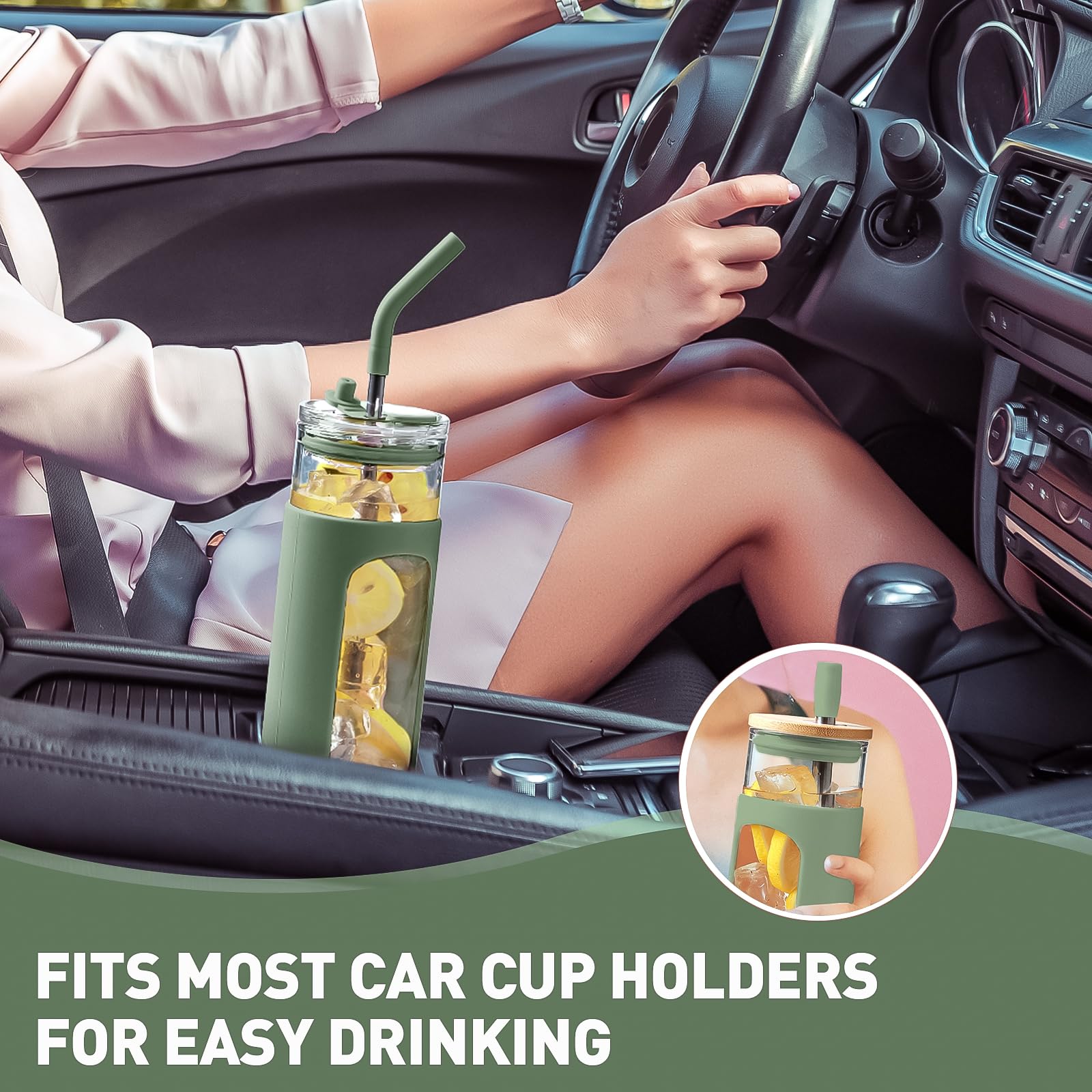 Kodrine 24oz glass tumbler with straw and lid,Iced coffee cup, Leak-proof Lid and Straw,Smoothie Cup With Bamboo Lid,Fit in Cup Holder, BPA Free, Dishwasher Safe (1, Olive)
