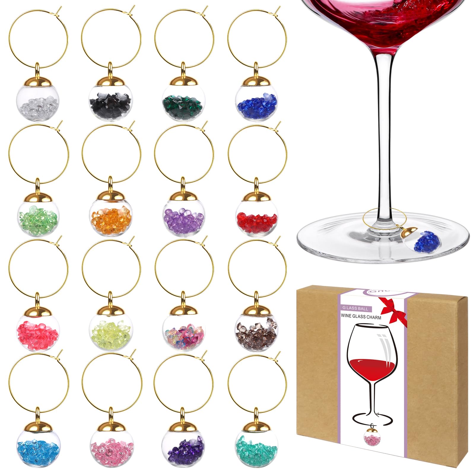 Gnollko 16pcs Glass Ball Wine Glass Charms,Wine Charms for Stem Glasses,Wine Glass Marker Tags,Wine Tasting Party Gifts Favors Decorations Supplies