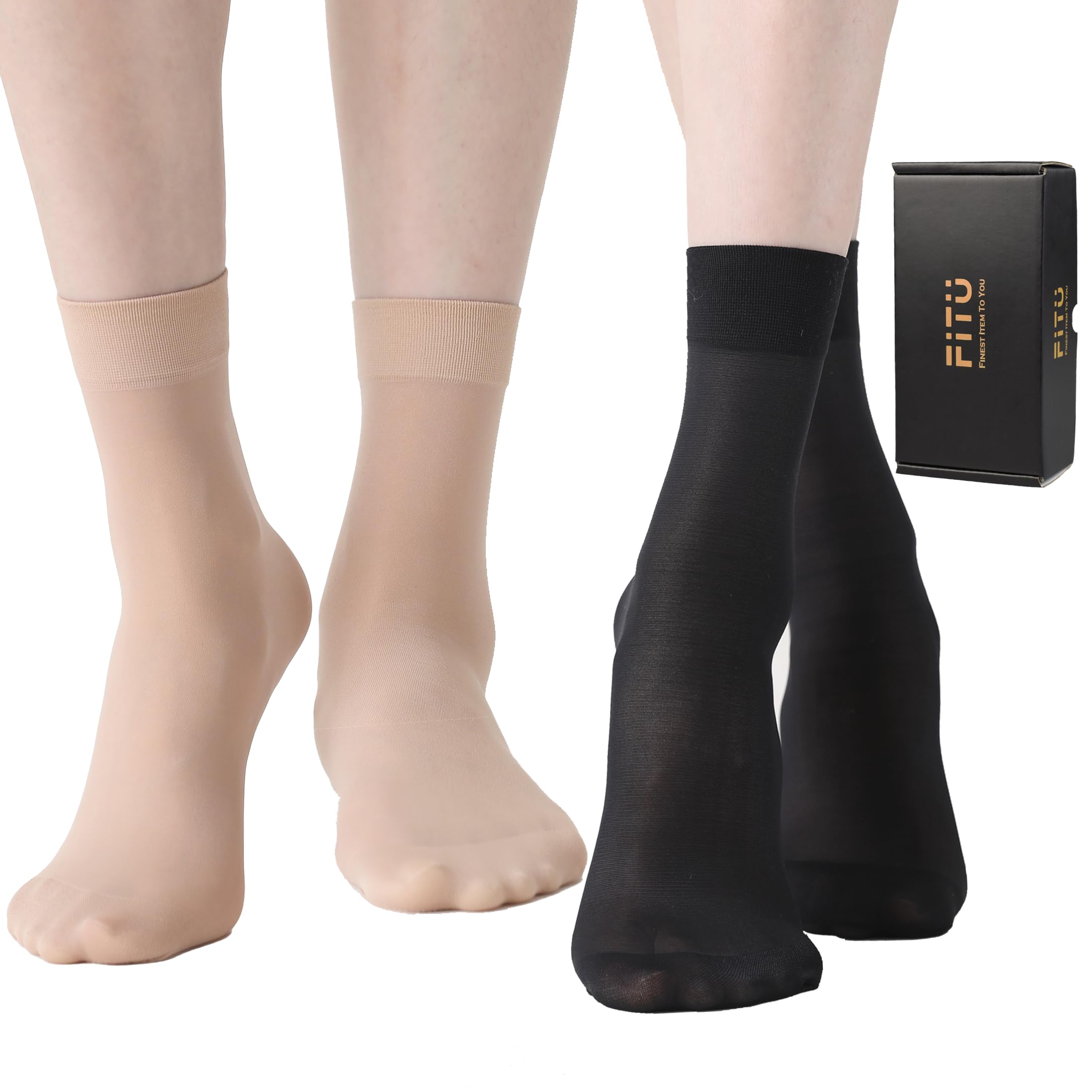 FITU Women's 12 Pairs Nylon Ankle High Tights Hosiery Socks (6 Black 6 Beige)