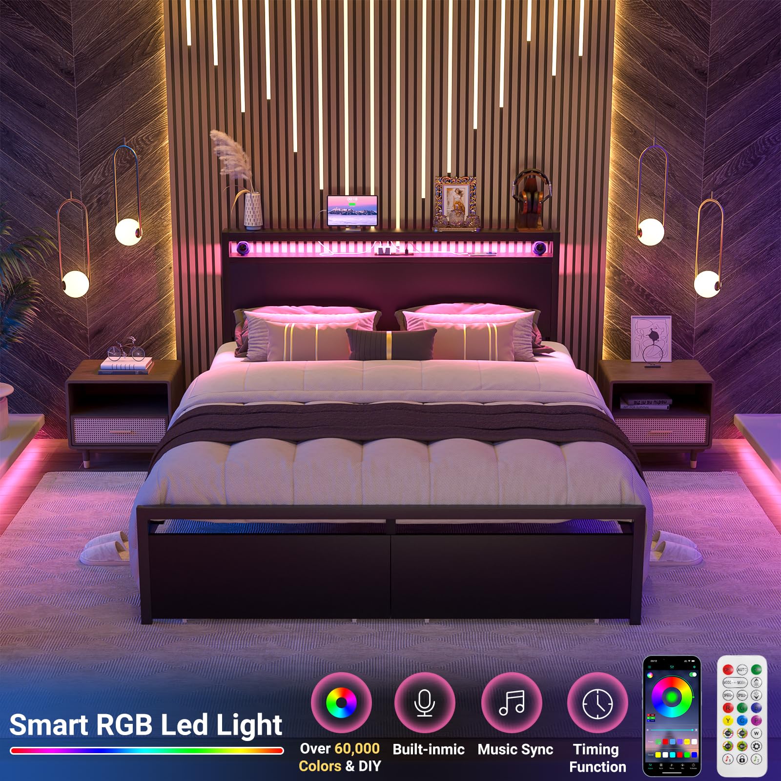 Homieasy King Size Bed Frame with Storage Drawers, Industrial Metal Platform Bed with Charged Headboard and LED Lights, No Box Spring Needed, Noise-Free, Easy Assembly, Black