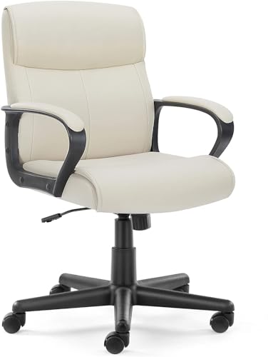 Sweetcrispy Executive Office Chair with Padded Armrests Adjustable Height, 360-Degree Swivel, Lumbar Support, PU Leather, Cream