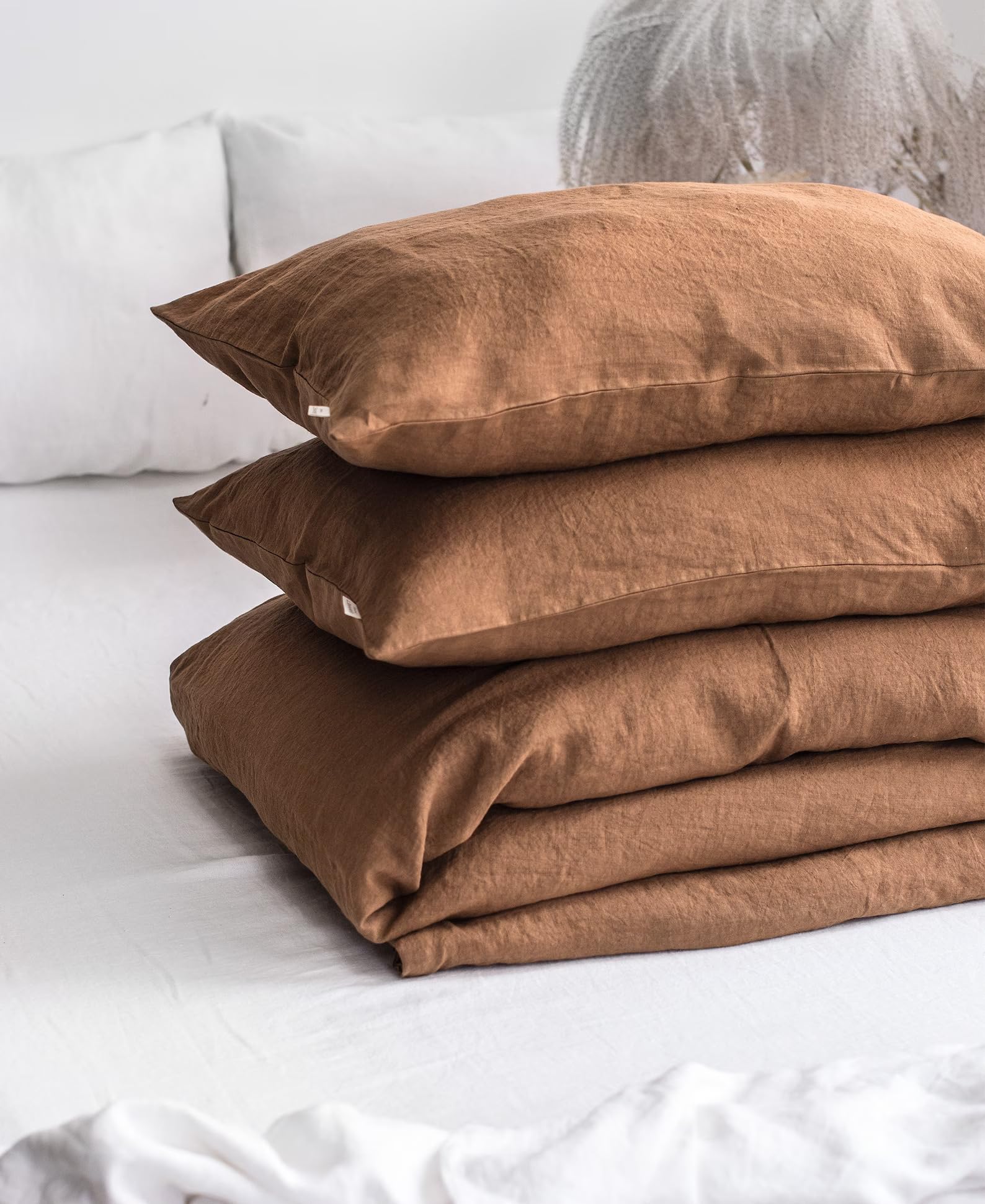 Linen Bedding Set in Tobacco, Duvet Cover and 2 Pillowcases Set, King, Queen, Twin, Full, Double, Single Size, Tobacco Brown Linen Bedding (King-90X104)