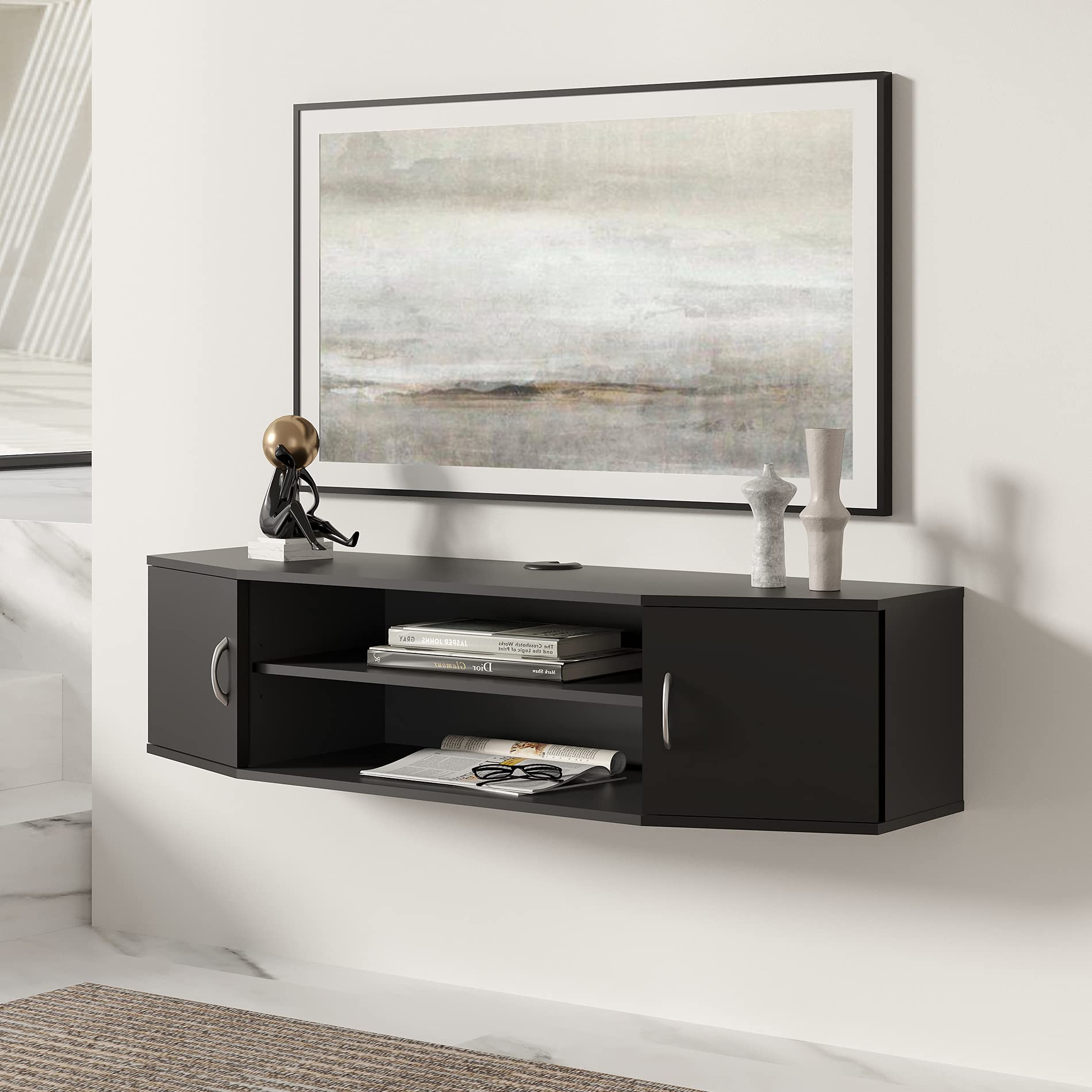 FITUEYES Wall Mounted TV Media Console Floating Desk Storage Hutch for Home and Office, 43.3", Black