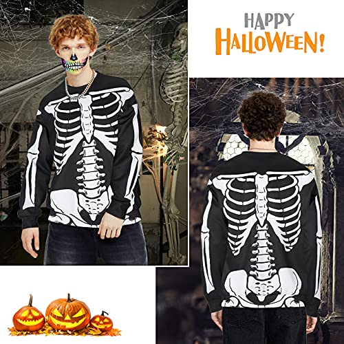 RAISEVERN Mens Halloween Sweatshirts Skeleton Print Funny White Bone Pullover Long Sleeve Shirts Black Cool Holiday Festival Sweater for Women