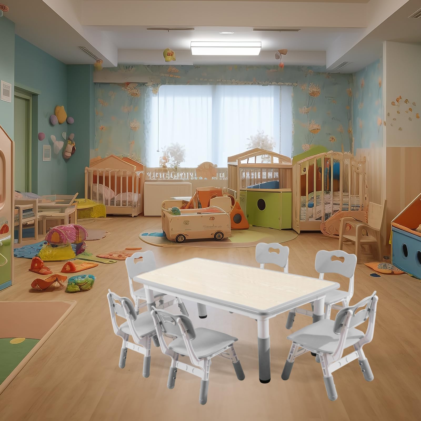 LulliSpace, Height Adjustable, Kids Set with Graffiti Desktop,Toddlers Activity Table for Daycares,Homes,Classroom,Eco-Friendly, and Stylish Design, 6 Chairs, Gray