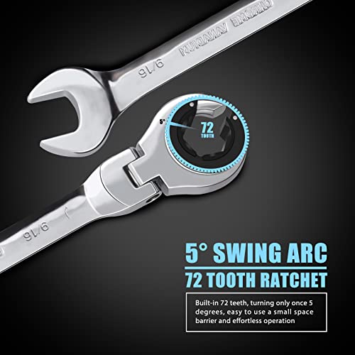 LOSCHEN】SAE Flex-Head Ratcheting Wrench Combination Wrench Set 10 Pcs/Set with 72 Teeth, Chrome Vanadium Steel Tubing Ratchet Spanner(US and European Patents)