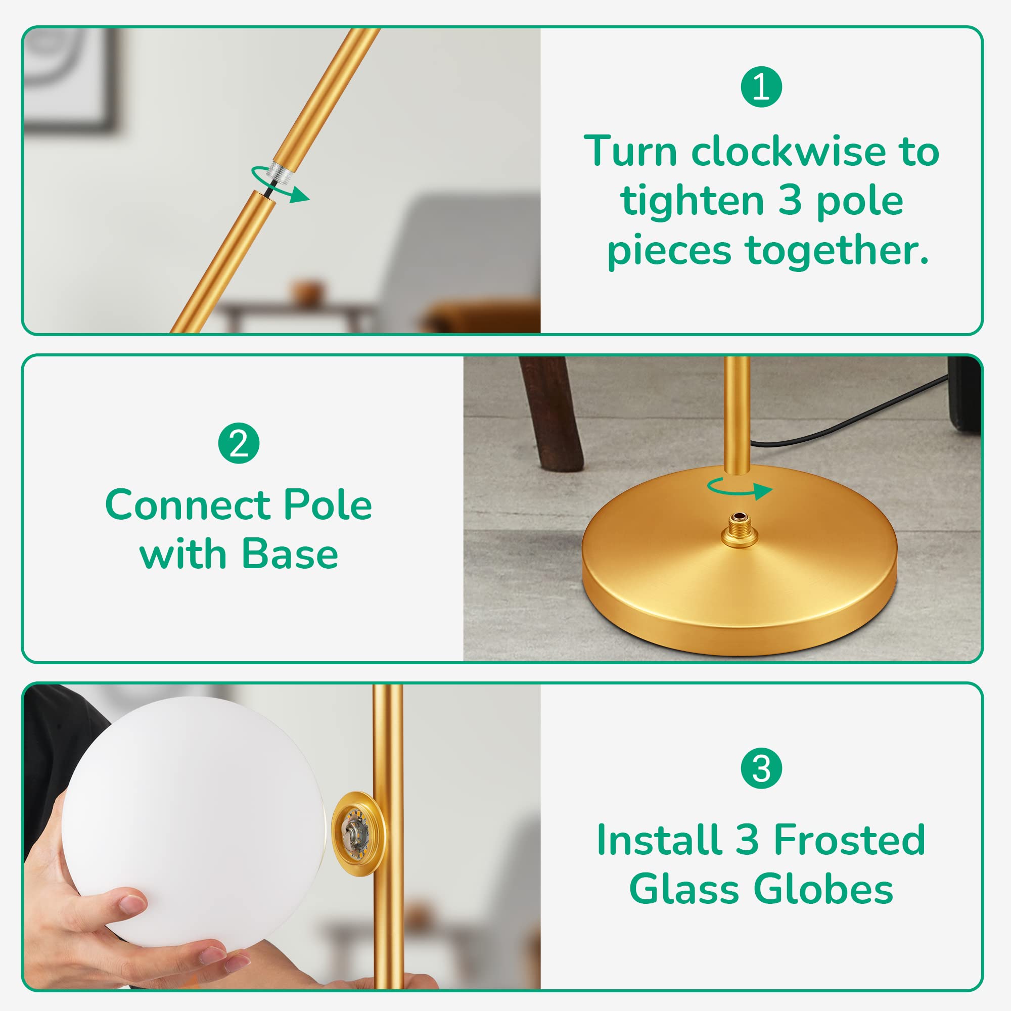 EDISHINE 69in Gold Modern Floor Lamp for Living Room, Upgraded Dimmable 3 Globe Mid Century Standing Lamps, Built-in LED, Frosted Glass Shade, Luna Tall Pole Lamp for Bedroom, Hotel -Antique Brass