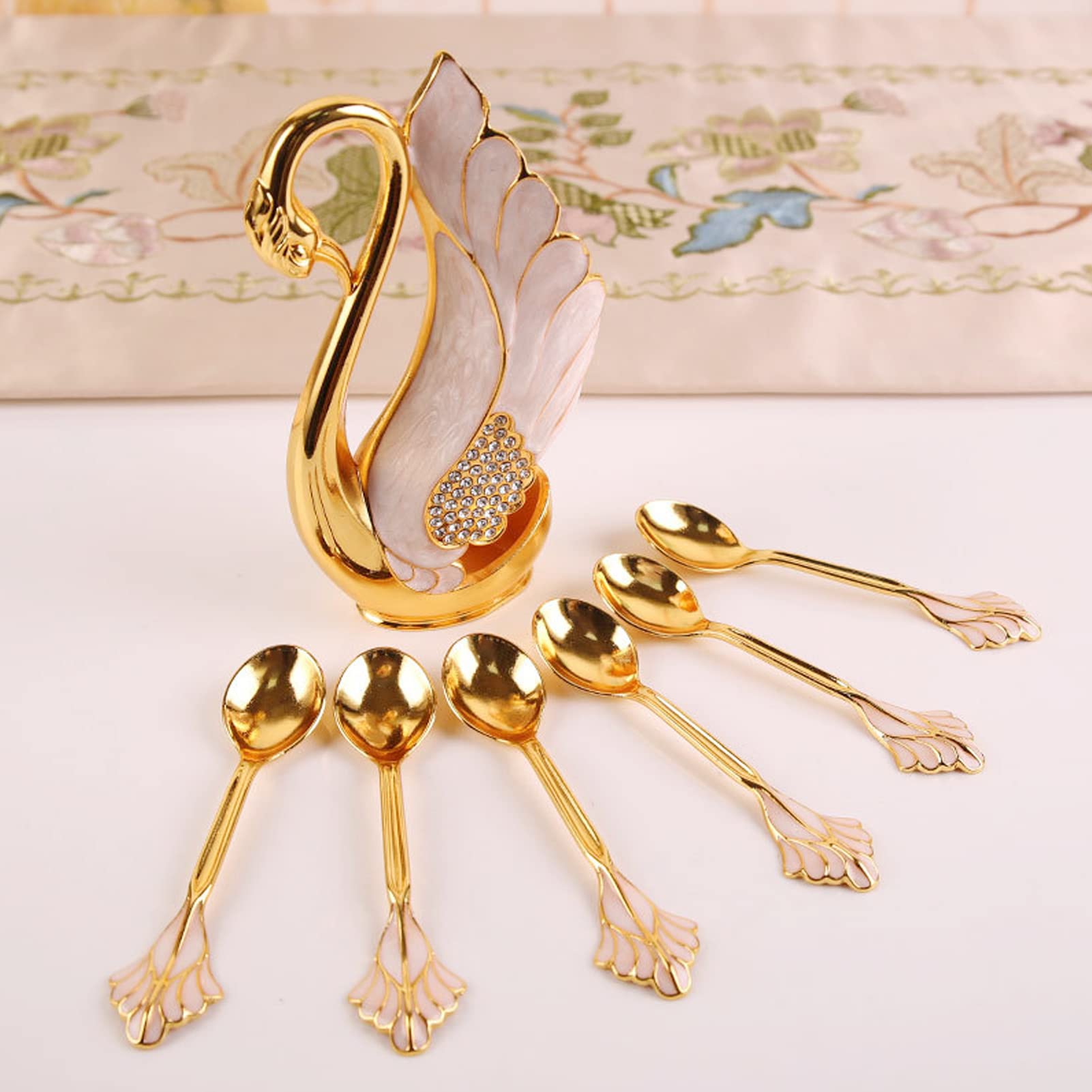 GLOGLOW Swan Base Holder, Innovative Gold Smoother Edges Swan Base Holder Coffee Dinnerware Set with Forks Spoons for Bistros Bars Amily (Golden White Spoons)