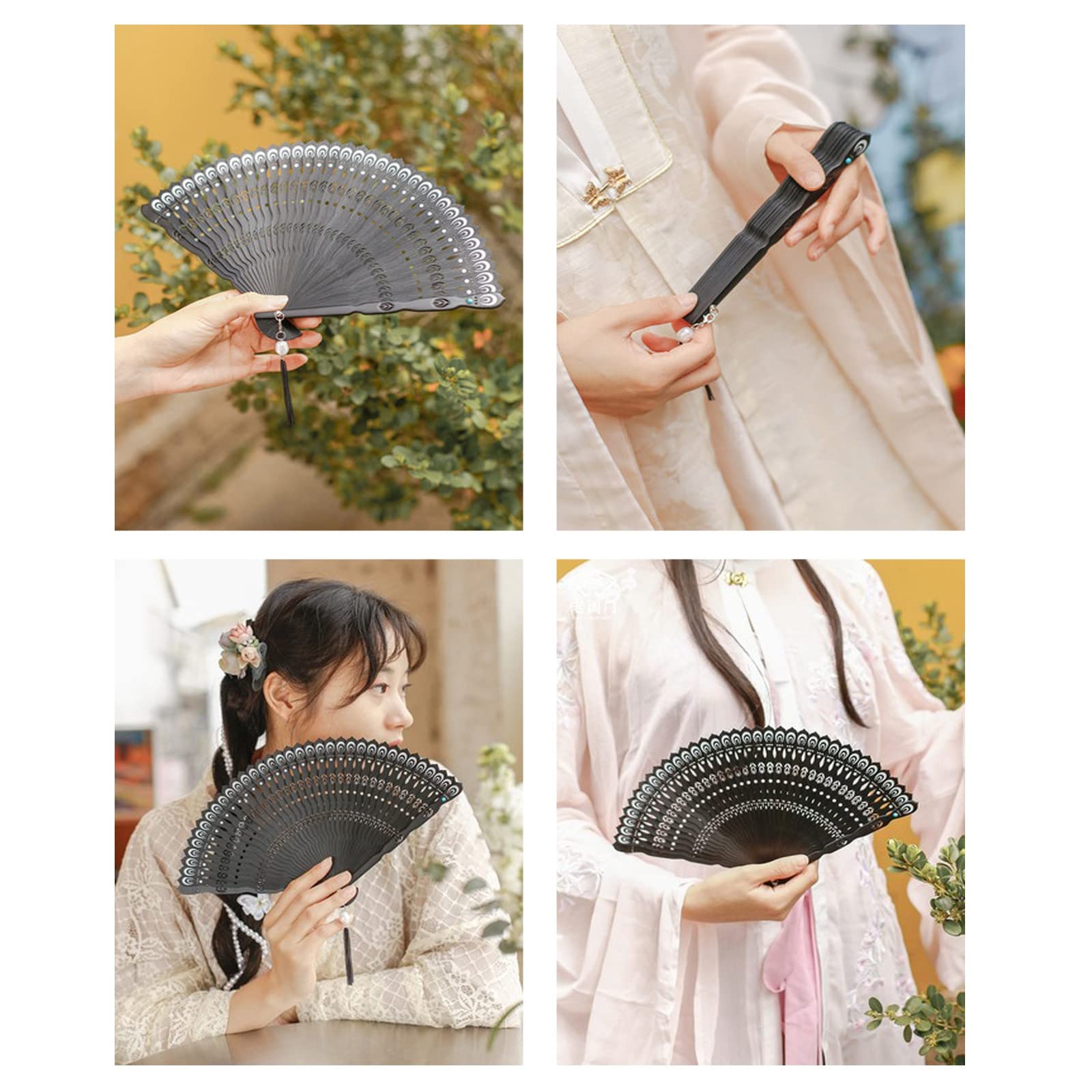 ERTUO Bamboo folding fan black hollow retro Hanfu cheongsam fan summer portable cooling fan