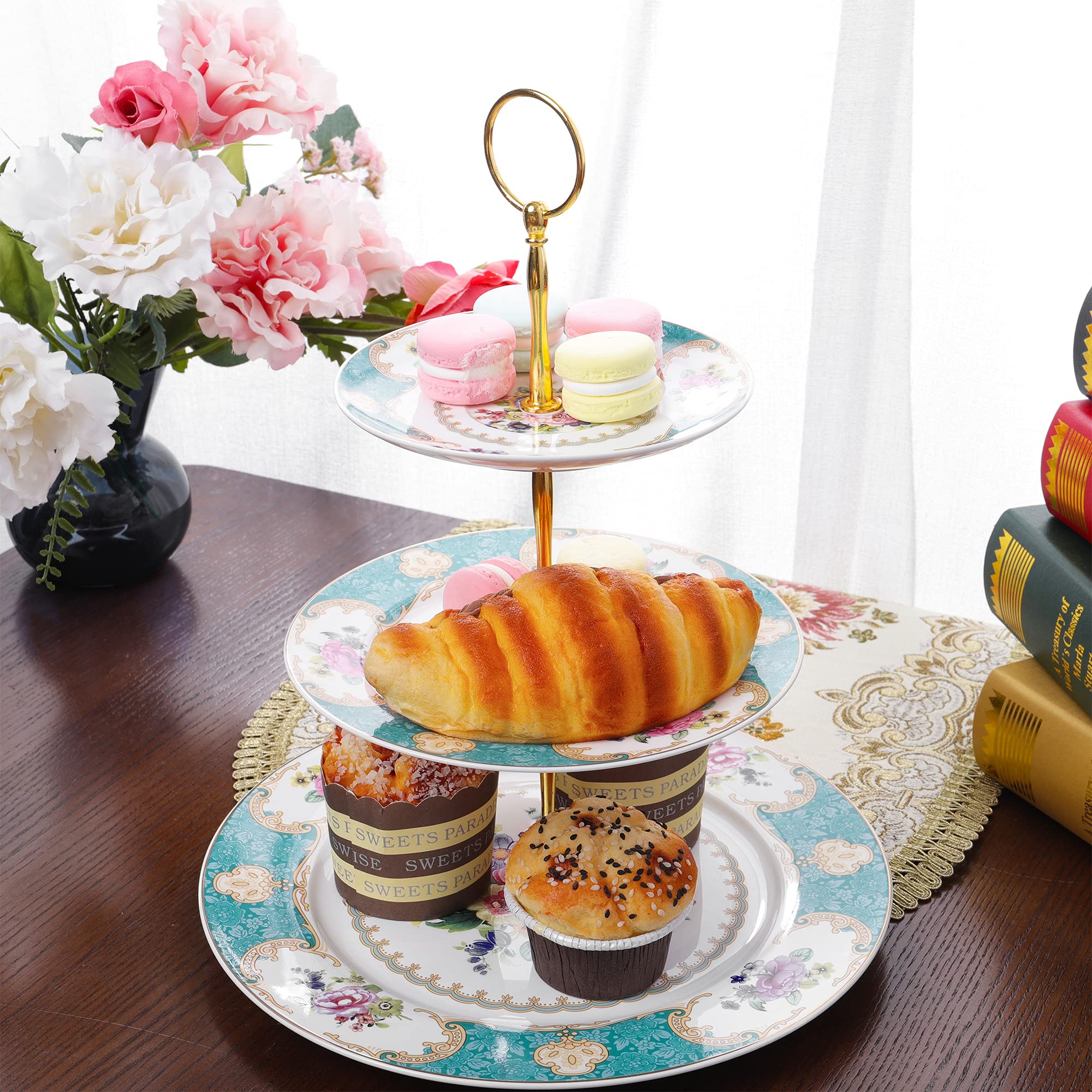 fanquare 3 Tier Porcelain Cake Stand, Blue Vintage Cupcake Stand, Display Tower Tray for Party, Birthday, Wedding