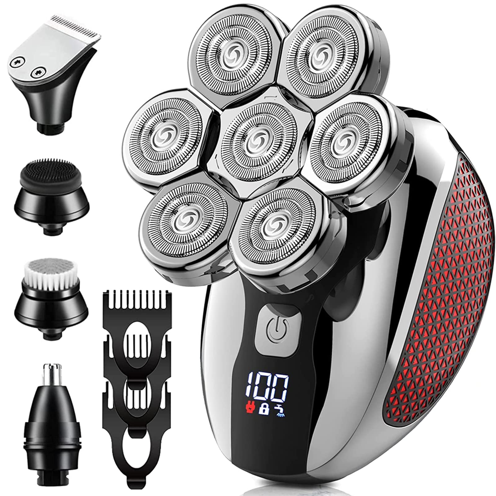 Detachable Head Shavers for Bald Men, 6 in 1 Electric Razor for Bald Men, 7D with Hair Sideburns Trimmer, Waterproof Wet&Dry, Cordless Men's Grooming Kit
