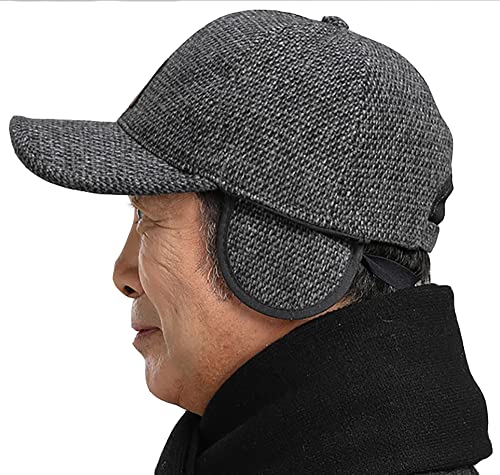 FGSS Mens Winter-Woolen Baseball-Cap with Earflaps - Adjustable Warm Dad Cap for Cold Weather (56-60CM) Grey