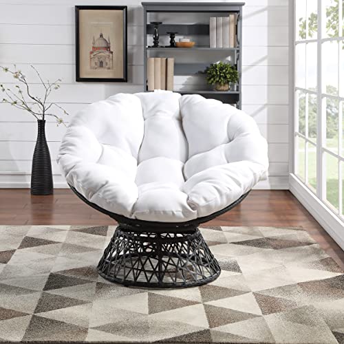 OSP Home Furnishings Wicker Papasan Chair with 360-Degree Swivel, 40†W x 36†D x 35.25†H, Grey Frame with White Cushion