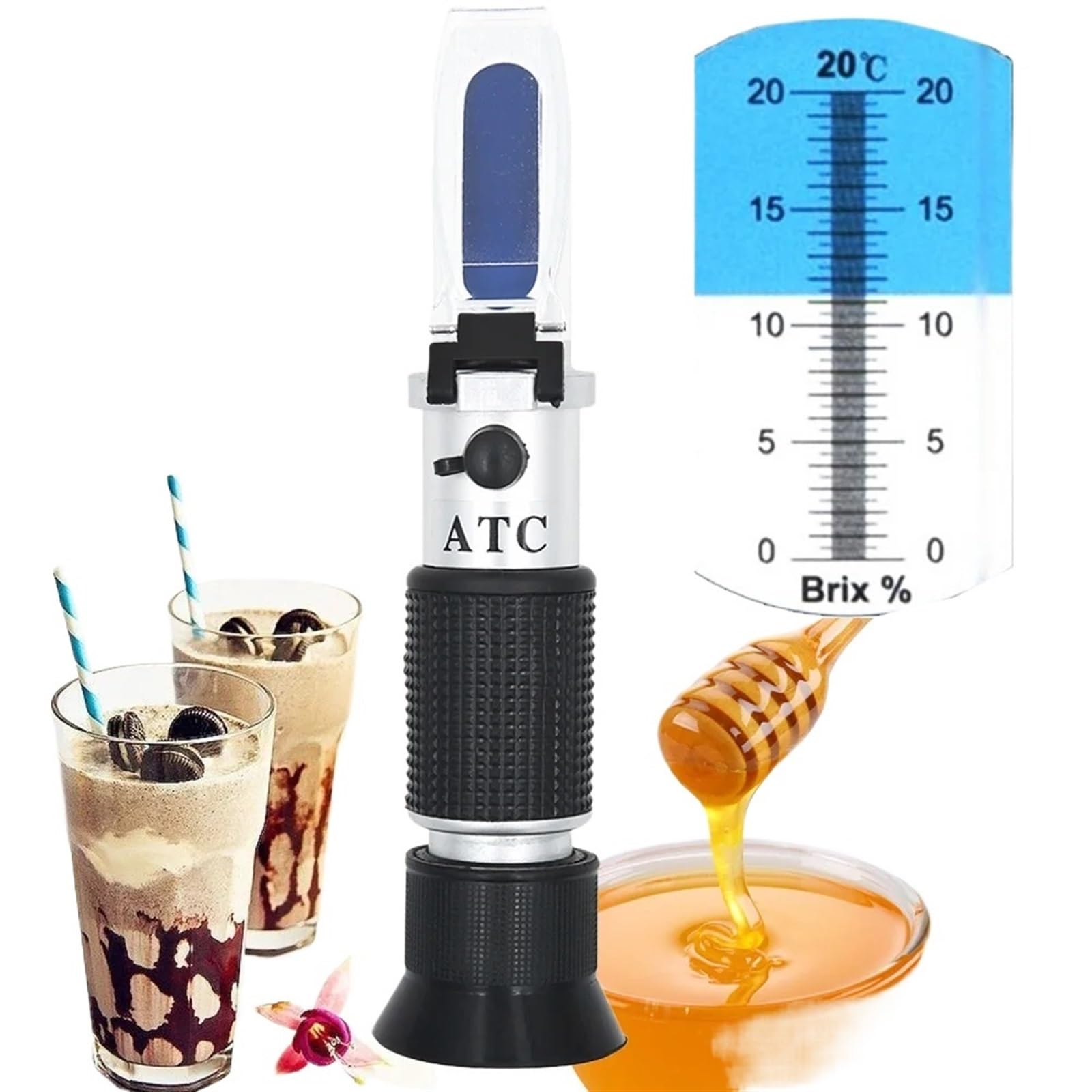 KYKYK Refractometer, Handheld Sugar Refractometer Honey Fruit Sugar Solution Brix 0-20% Optical Concentration Sugar Measuring Instrument with ATC for Fruit, Homebrewing, Juice, Vegetables