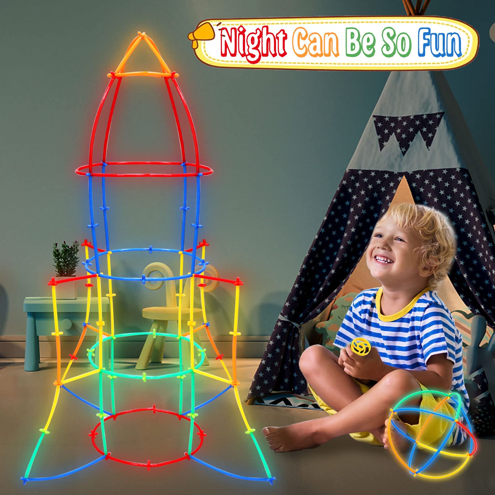 Glow Straw Connecting STEM Building Toys Set - 800 Pcs Colorful Glow in The Dark Straw Interlocking Plastic Toys, Creative Engineering Building Blocks, Gift for Kids 3 4 5 6 7 8 Year Old Boys & Girls