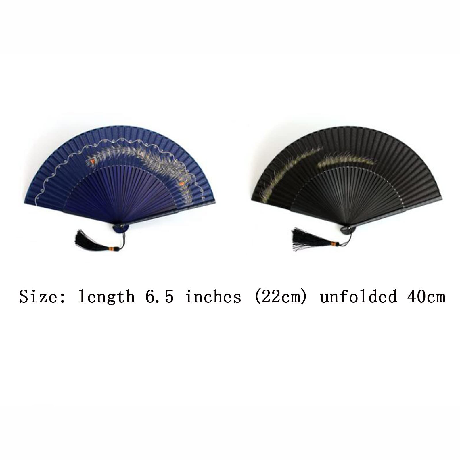 ERTUO Chinese Folding Fan Silk Folding Bamboo Fan Peacock Feather Retro Fan Summer Occasion(Color:A)