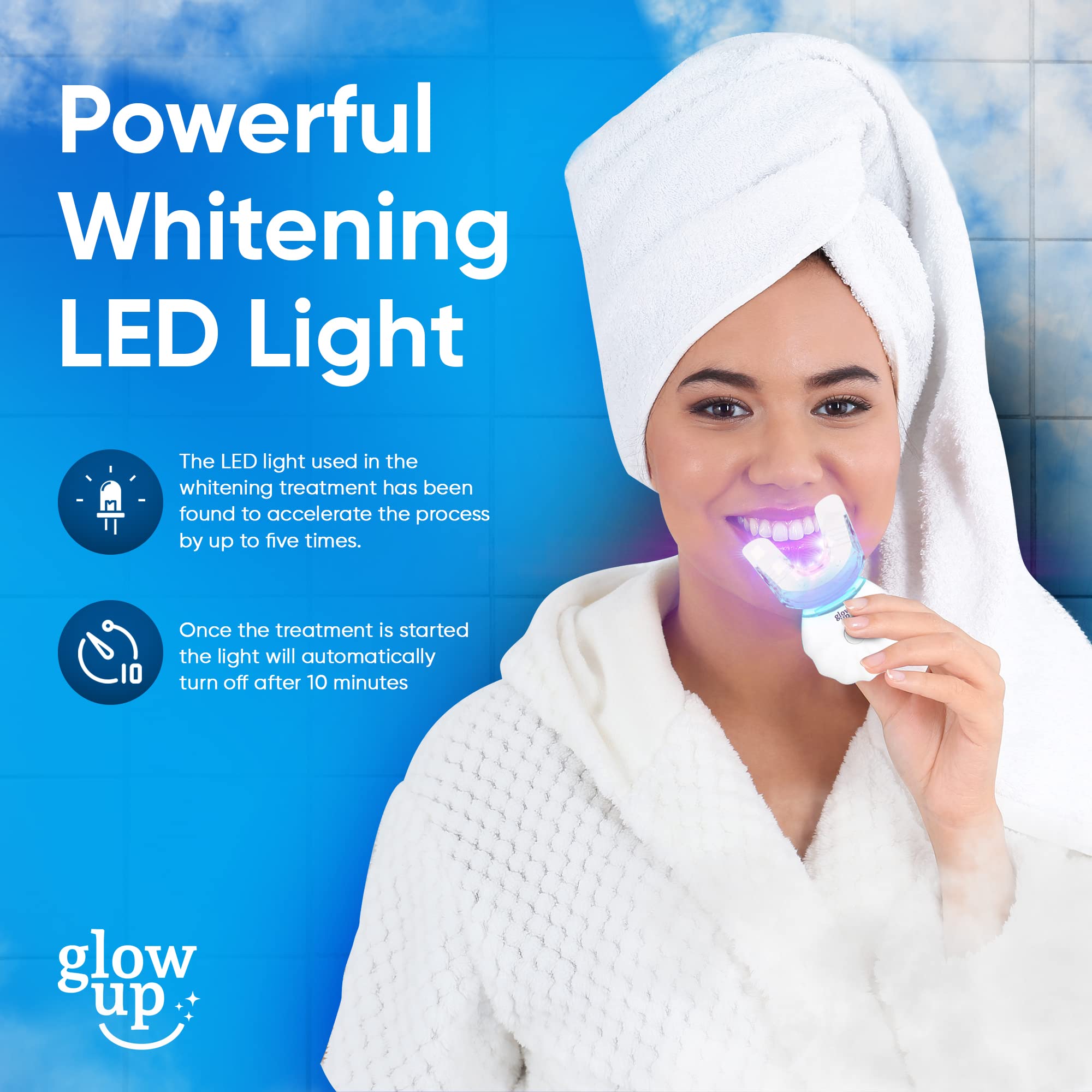Glow Up Teeth Whitening Kit for Sensitive Teeth with Blue LED Light, 10-Minute Instant Tooth Whitener Set with 3 (5ml) Syringes of 35% Carbamide Peroxide Mint Flavored Gel & Tray Case