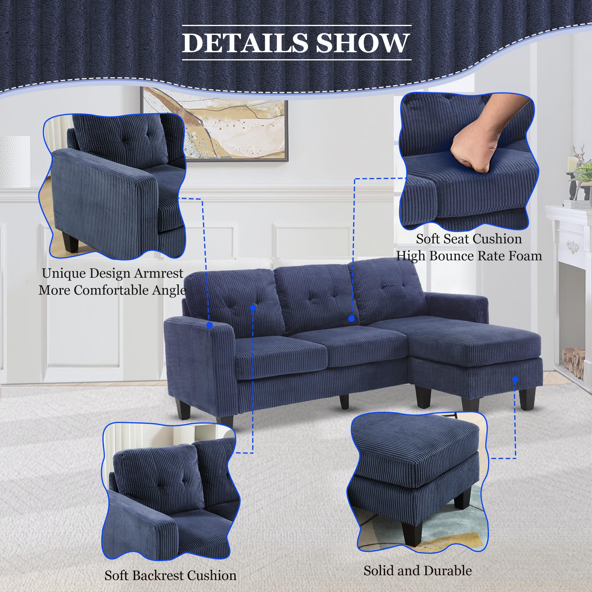 KYLE & KAY 73'' Convertible Sectional Sofa Couch, 3 Seat L-Shaped Sofa with Reversible Chaise, Small Couches for Small Spaces,Living Room, Apartment and Office, Navy