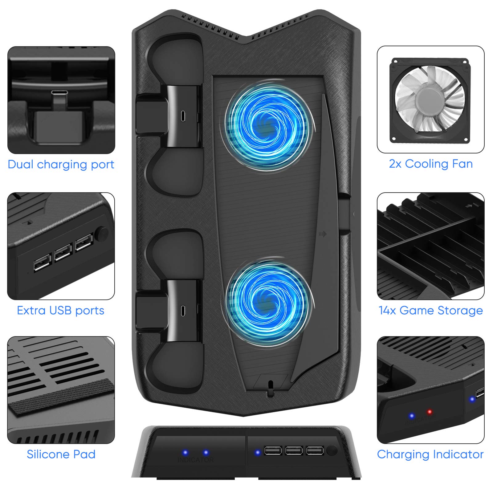 FASTSNAIL Cooling Fan for Playstation5 Charging Station for PS5 Controller, Charging Dock for Playstation5 Pro Controller Dualsense with LED Indicators and Game Slots